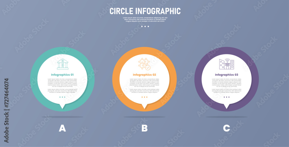 3 point circle infographic stage or step template with arrow point ...