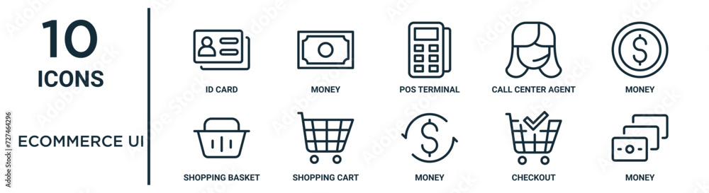 ecommerce ui outline icon set such as thin line id card, pos terminal, money, shopping cart ...