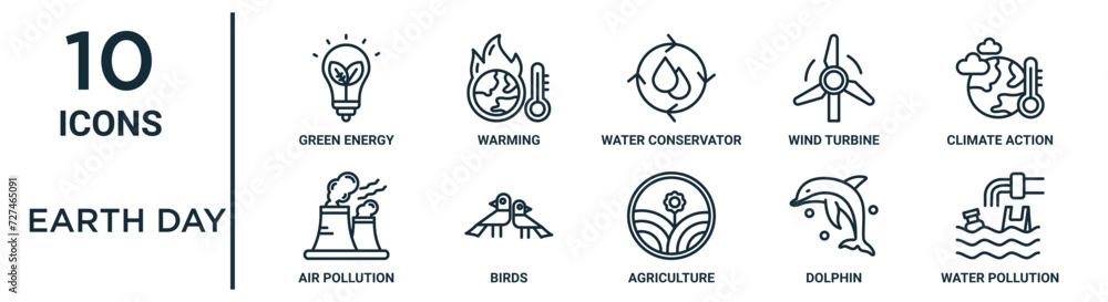 earth day outline icon set such as thin line green energy, water ...