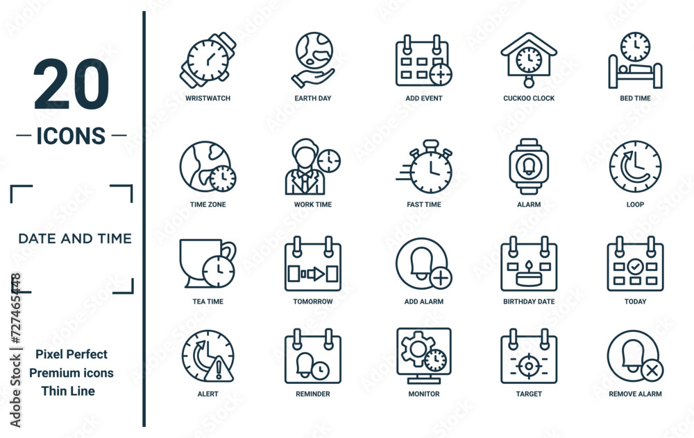 Vecteur Stock date and time linear icon set. includes thin line ...