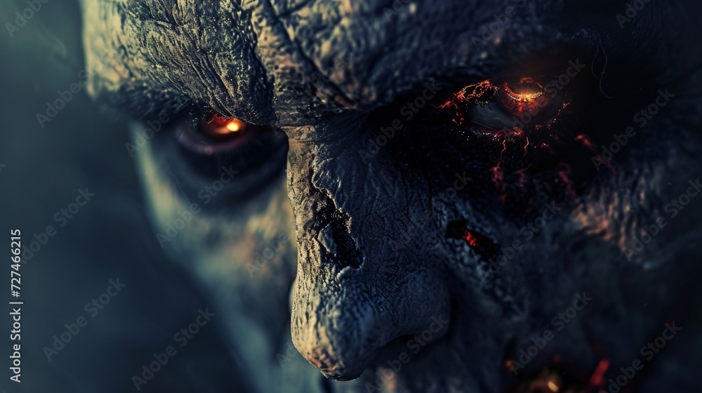 Person with a fiery, gouged eye socket and smoke around, horror theme ...