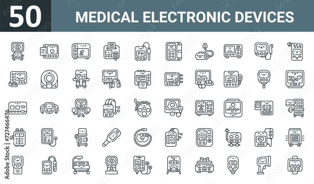 Vetor de set of 50 outline web medical electronic devices icons such as ...