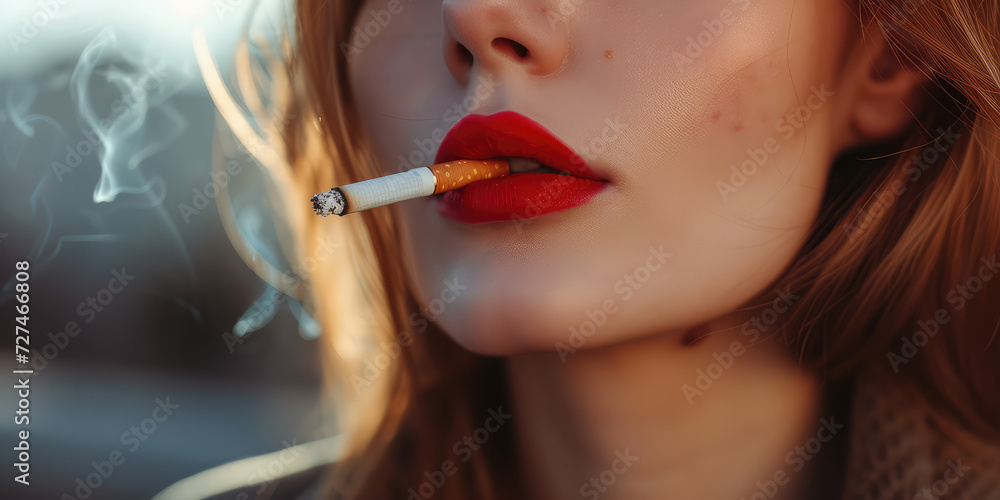 Woman Smoking Cigarette in Moody Lighting. Close-up of a woman smoking ...