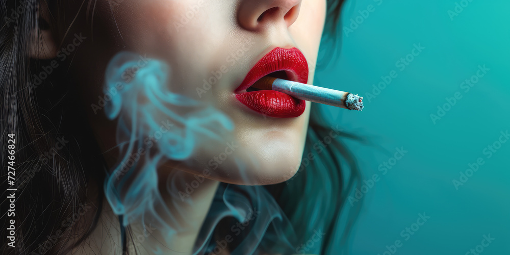 Woman Smoking Cigarette in Moody Lighting. Close-up of a woman smoking ...