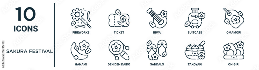 sakura festival outline icon set such as thin line fireworks, biwa ...