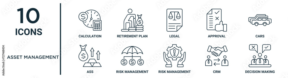 asset management outline icon set such as thin line calculation, legal ...