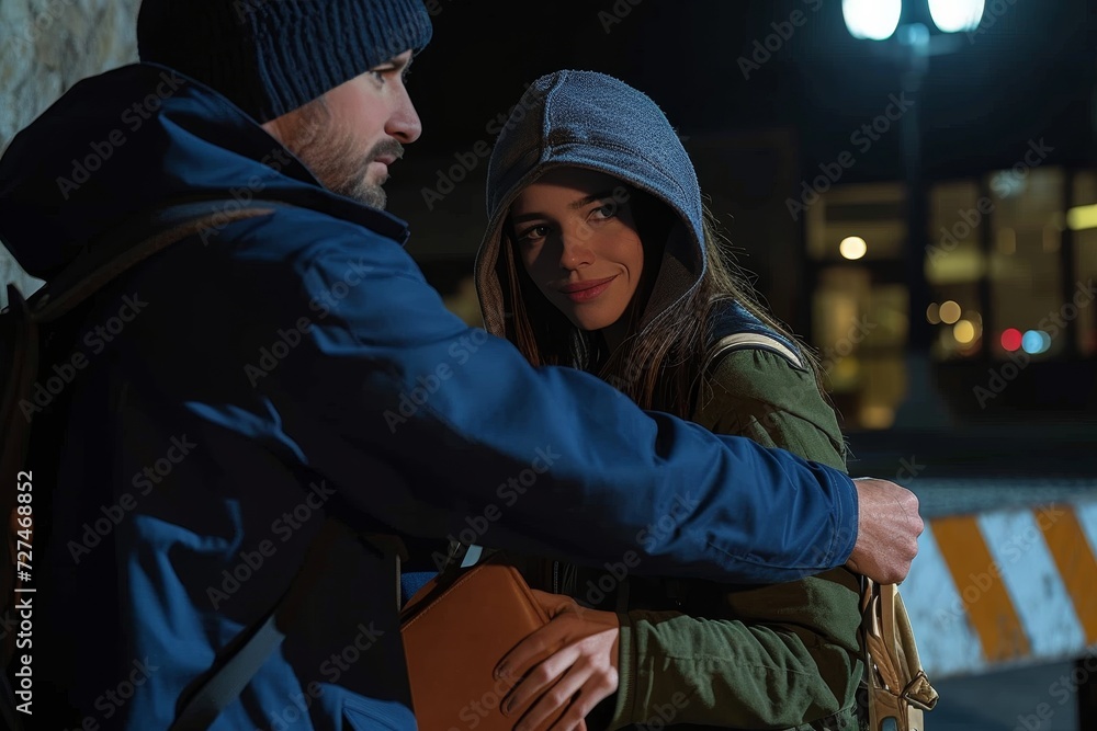 In the midst of a bustling winter street, a man wraps his jacket ...
