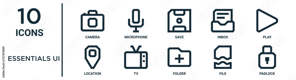 Vetor de essentials ui outline icon set such as thin line camera, save, play, tv, file, padlock ...