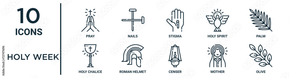 holy week outline icon set such as thin line pray, stigma, palm, roman ...