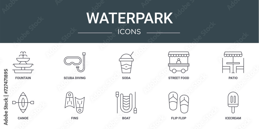 set of 10 outline web waterpark icons such as fountain, scuba diving ...