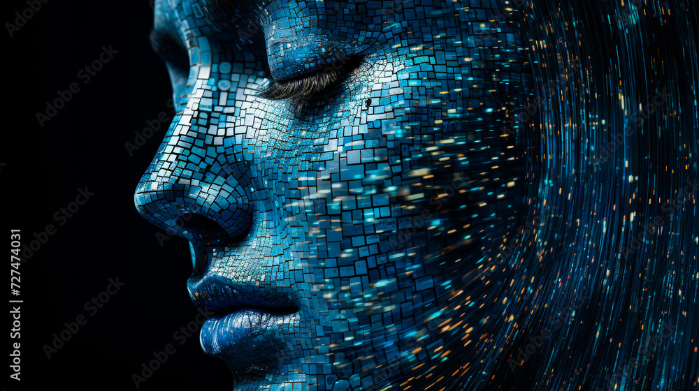 Futuristic AI art: Ethereal female face in a pixelated sky, liquid ...
