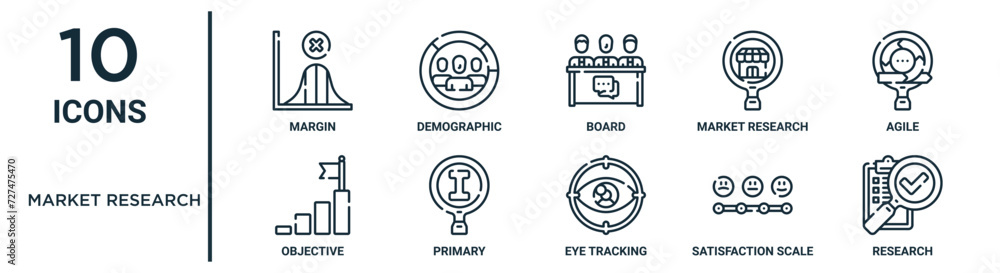 Vetor de market research outline icon set such as thin line margin ...