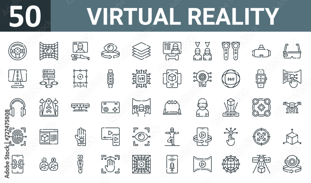 set of 50 outline web virtual reality icons such as steering wheel, grid, virtual reality ...