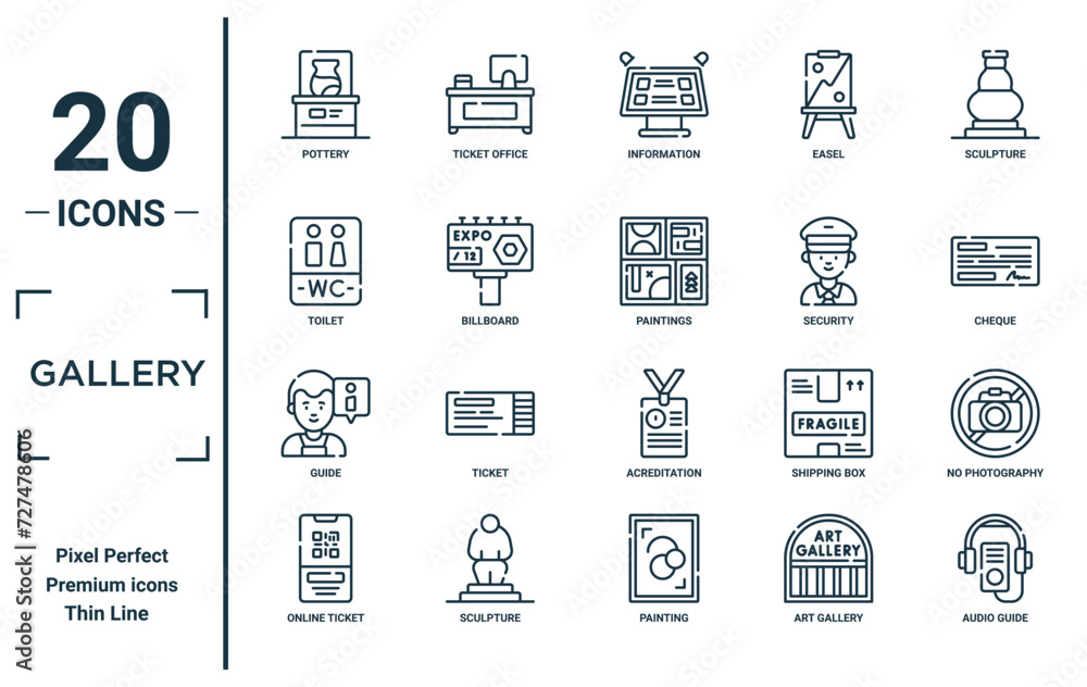 gallery linear icon set. includes thin line pottery, toilet, guide, online ticket, audio guide ...