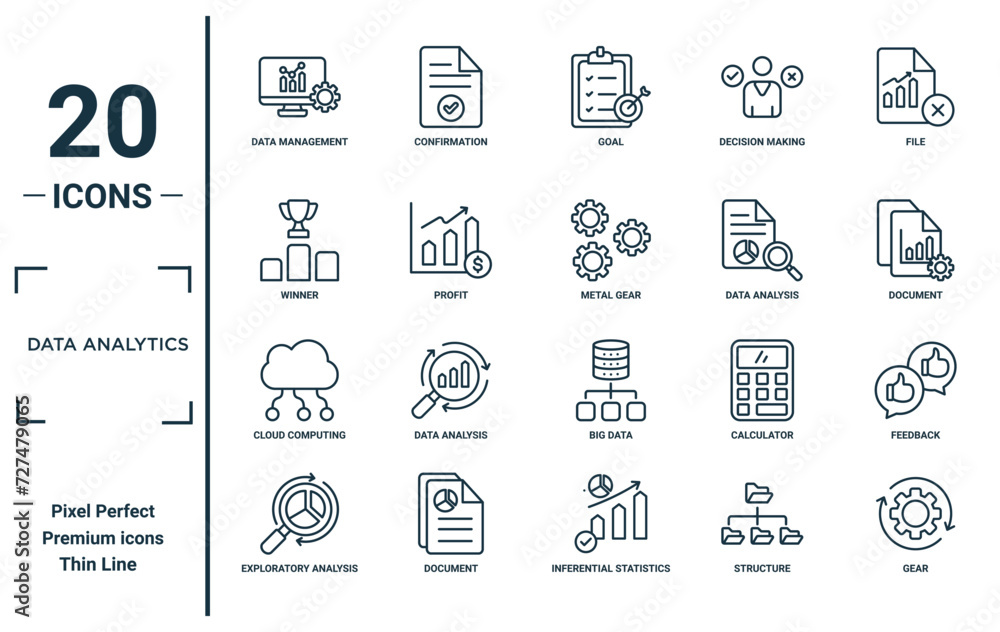 data analytics linear icon set. includes thin line data management ...