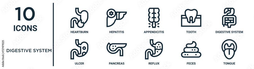 digestive system outline icon set such as thin line heartburn ...