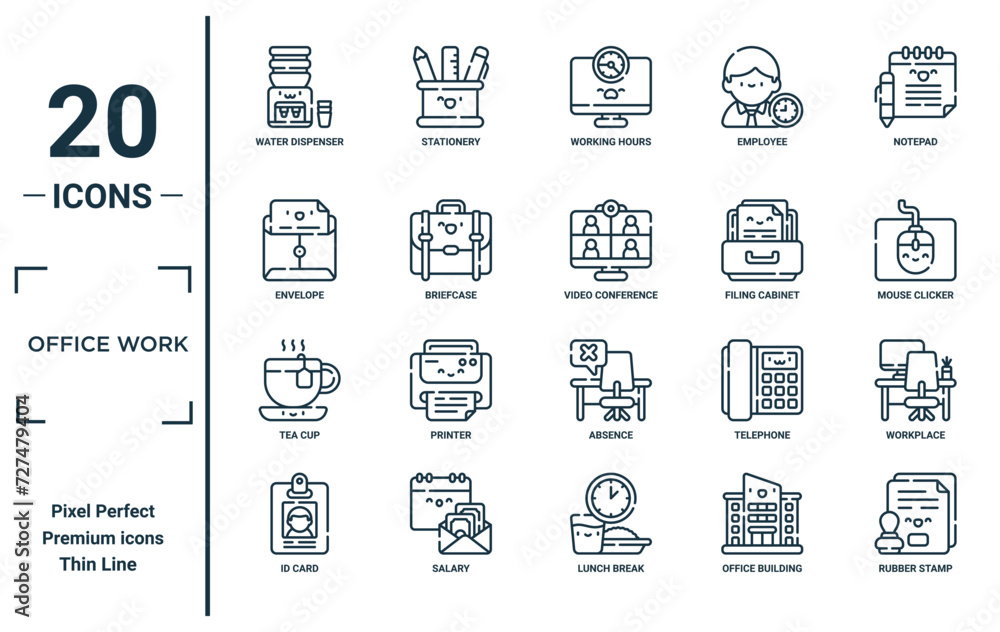 office work linear icon set. includes thin line water dispenser ...