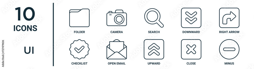 ui outline icon set such as thin line folder, search, right arrow, open email, close, minus ...