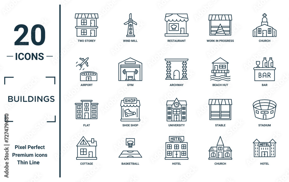 buildings linear icon set. includes thin line two storey, airport, flat ...