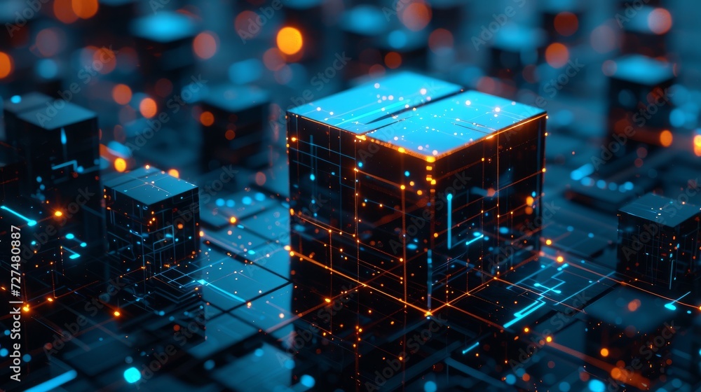 Cube technology on Converging point of circuit with Abstract blue background. Blockchain Network ...