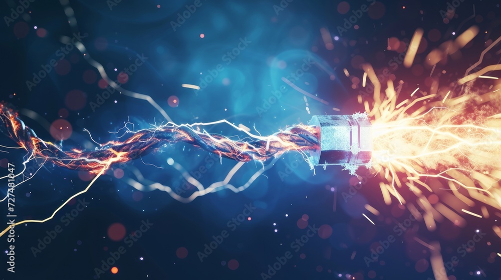 Electrical cable break with electric discharge. Power line damage ...