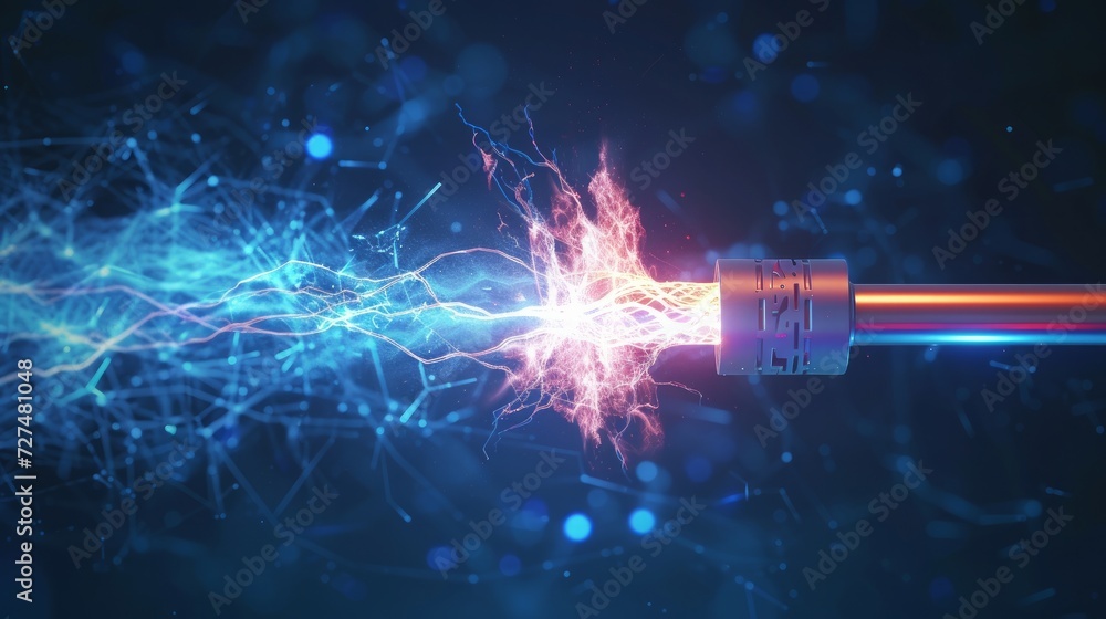 Electrical cable break with electric discharge. Power line damage ...