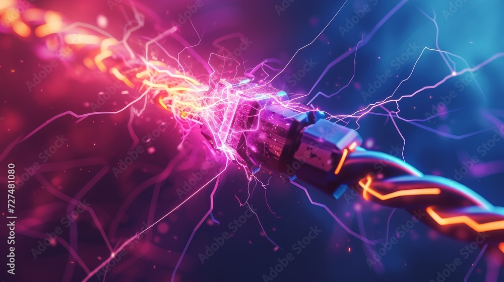 Electrical cable break with electric discharge. Power line damage ...