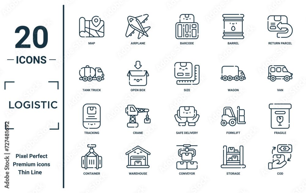 logistic linear icon set. includes thin line map, tank truck, tracking ...