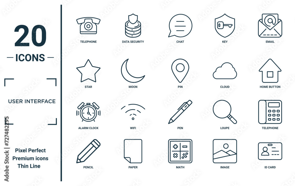 user interface linear icon set. includes thin line telephone, star, alarm clock, pencil, id card ...