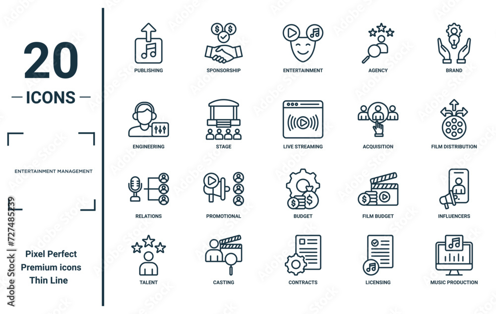 entertainment management linear icon set. includes thin line publishing, engineering, relations ...