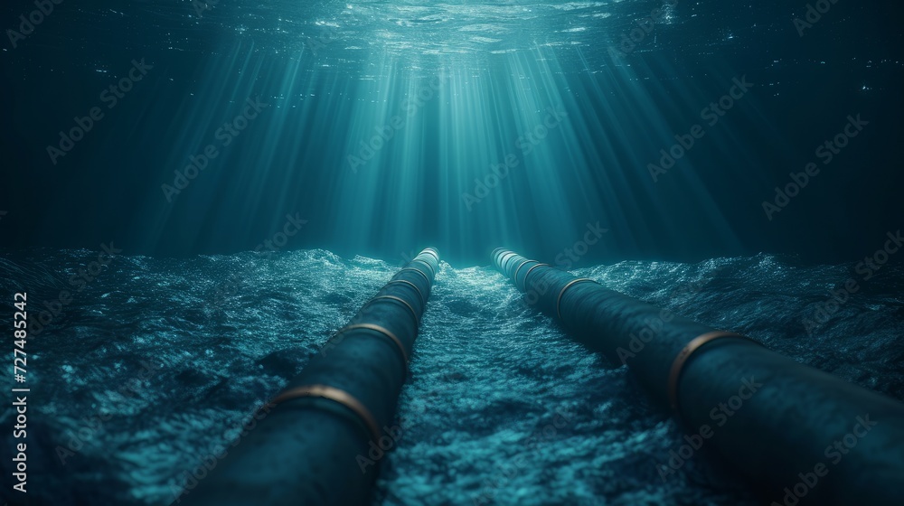 Submarine underwater communication fibre optic cable on deep sea bed ...