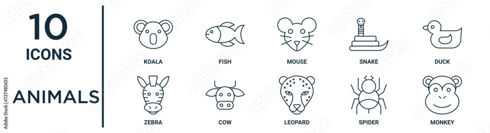 Vetor de animals outline icon set such as thin line koala, mouse, duck ...