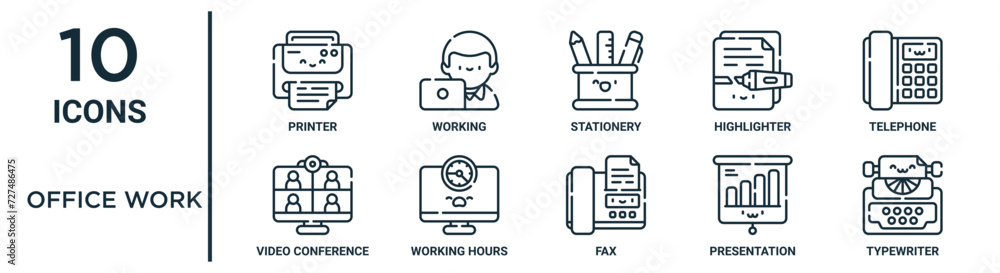 office work outline icon set such as thin line printer, stationery ...