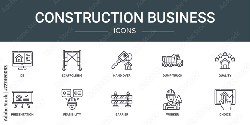 set of 10 outline web construction business icons such as de, scaffolding, hand over, dump truck ...