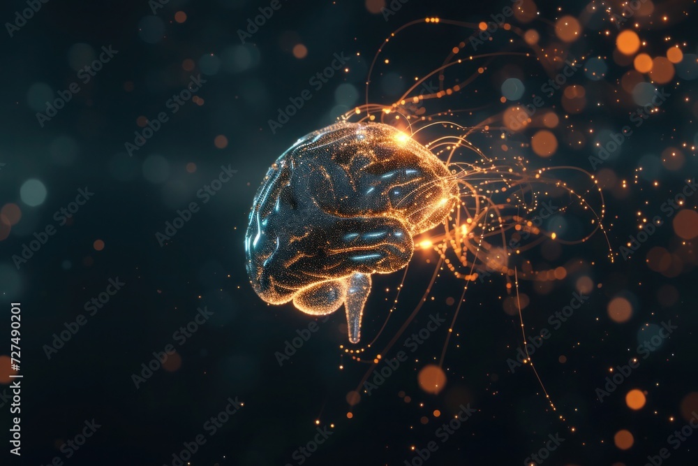 The glowing digital brain represents the pinnacle of artificial intelligence, showcasing ...