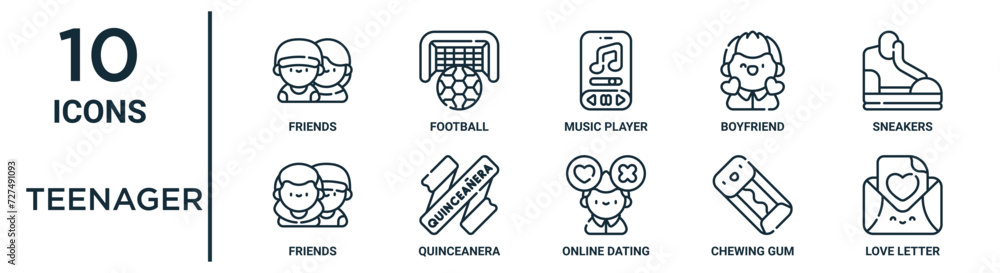 teenager outline icon set such as thin line friends, music player ...