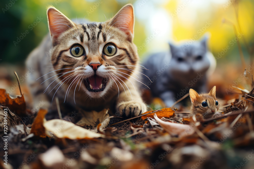 A mouse chasing a cat, depicting a reversal of the usual predator-prey ...