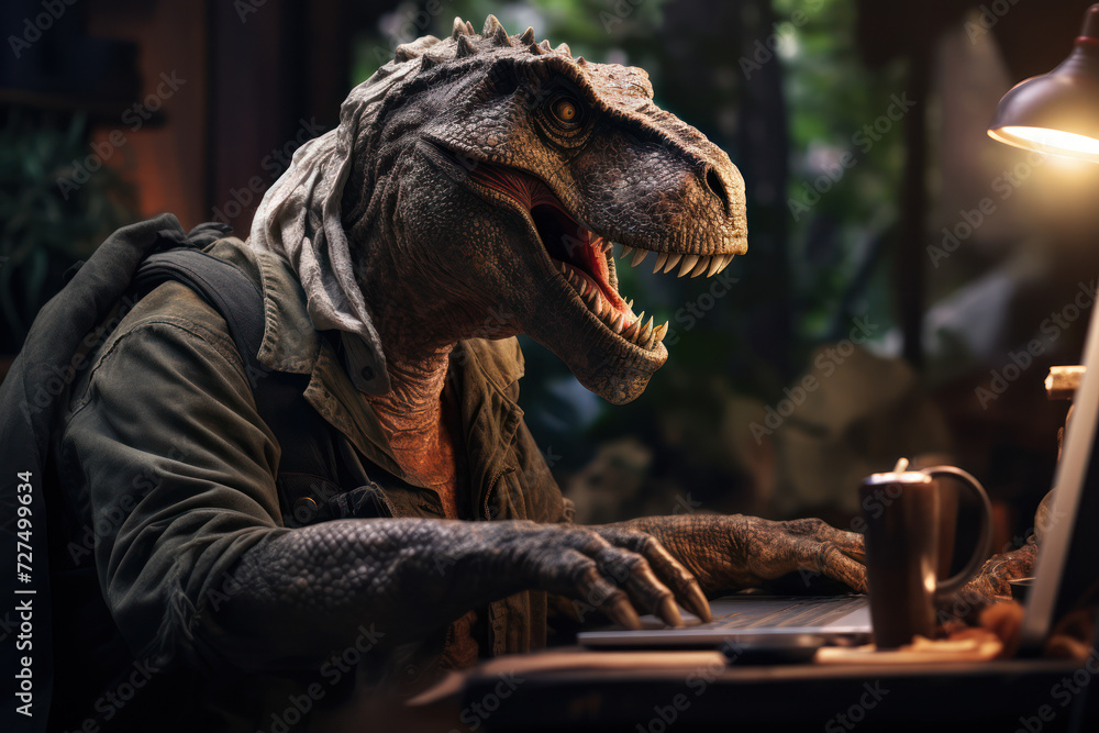 A dinosaur trying to type on a laptop, struggling due to its large size ...
