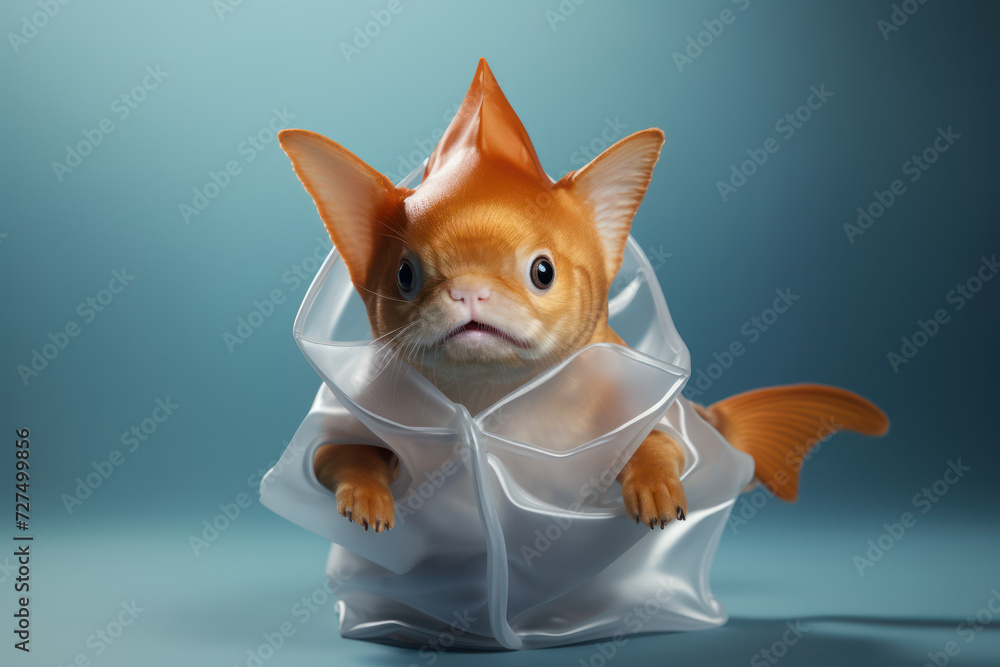 A goldfish wearing a shark fin as a costume, pretending to be fierce in ...