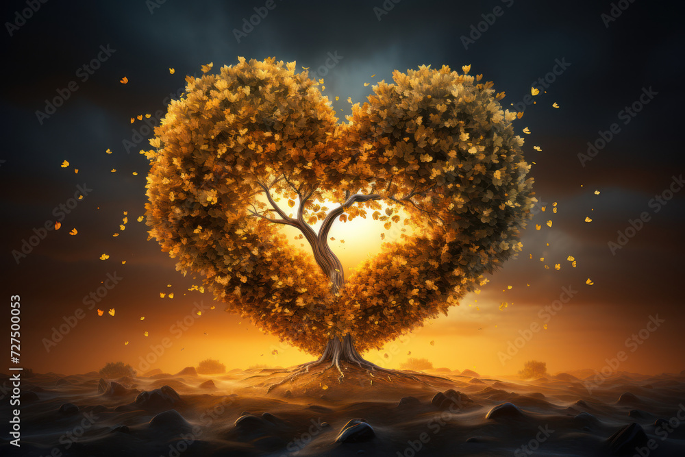 A heart-shaped tree with leaves turning from green to gold ...