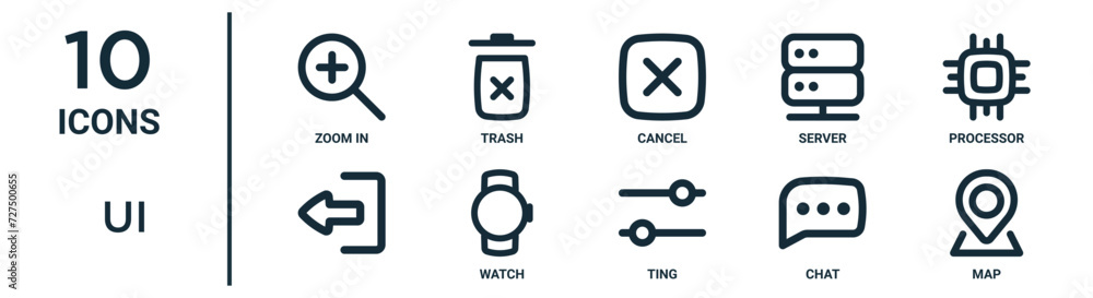 ui outline icon set such as thin line zoom in, cancel, processor, watch, chat, map, icons for ...