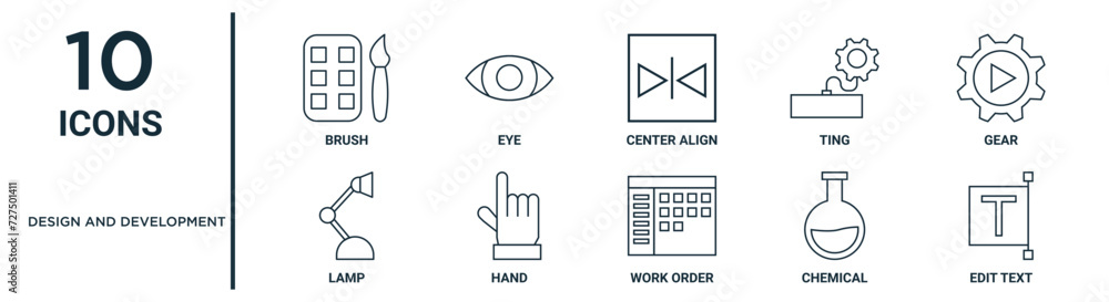 design and development outline icon set such as thin line brush, center align, gear, hand ...