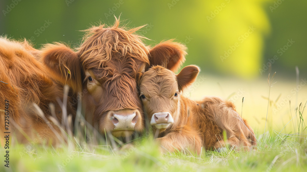 Highland Cow Calf and Mother Bonding Stock Photo | Adobe Stock