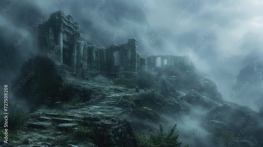 An ancient ruin on a misty mountain, with forgotten temples and ...