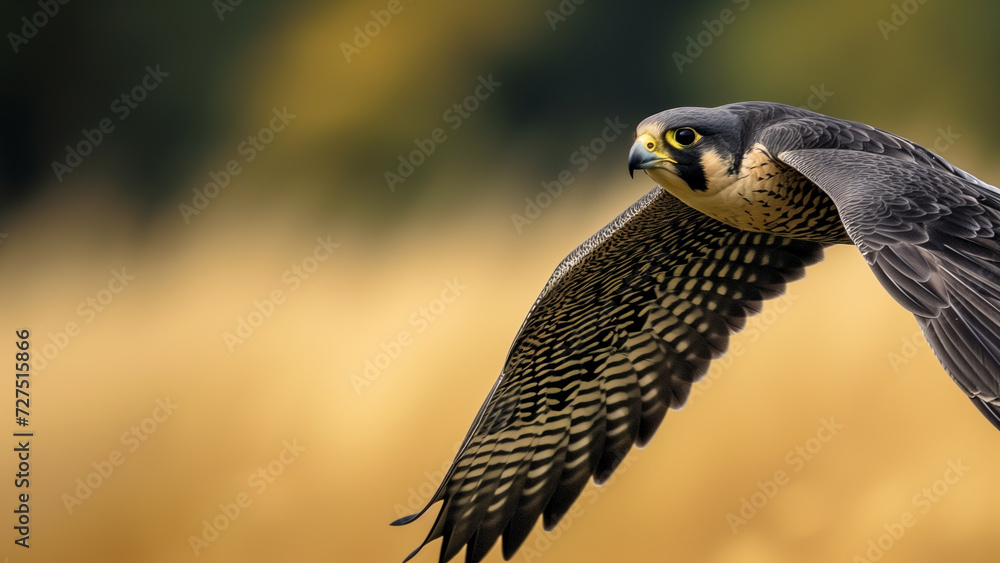 Skybound Majesty: A Peregrine Falcon Soaring Over Hay Fields Stock ...