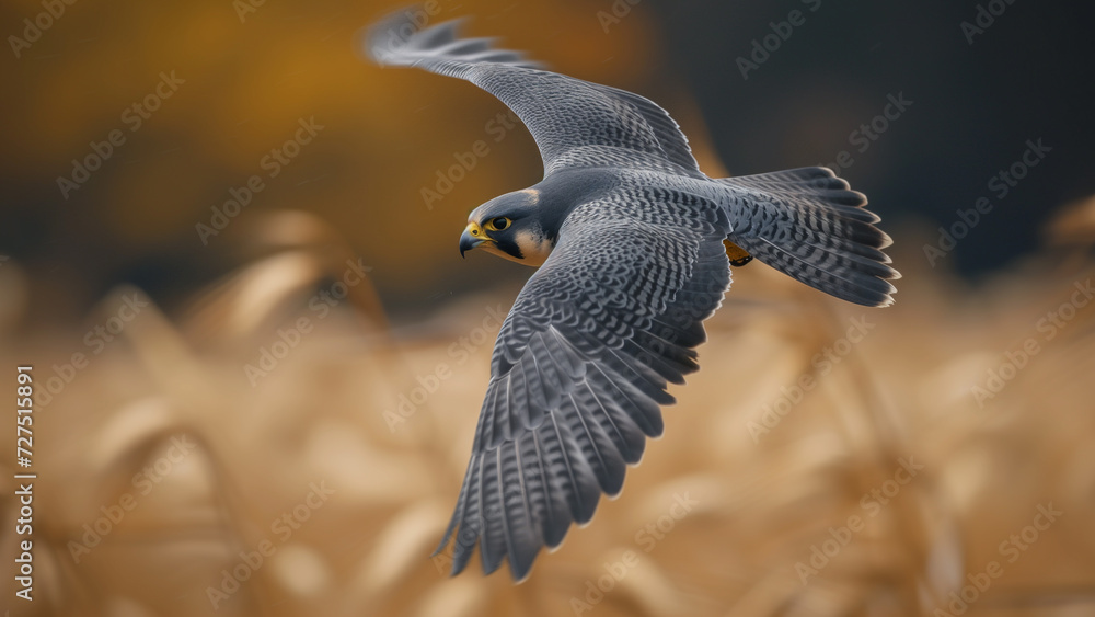 Skybound Majesty: A Peregrine Falcon Soaring Over Hay Fields Stock ...