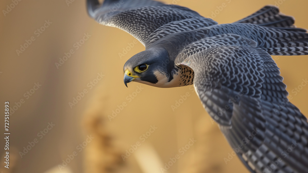 Skybound Majesty: A Peregrine Falcon Soaring Over Hay Fields Stock ...