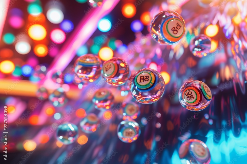 Transparent bingo balls float in a whimsical dance, illuminated by a ...