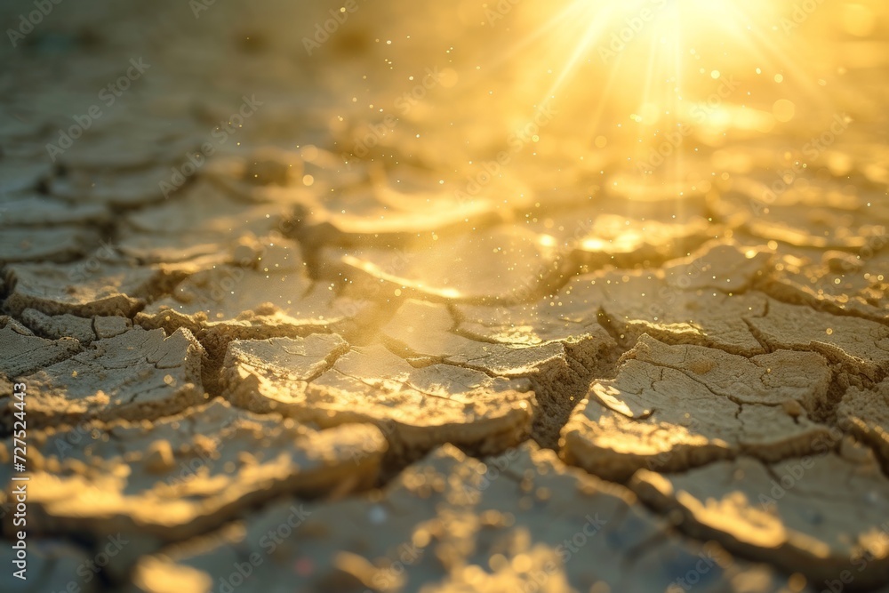 As the sun dips low, its golden rays highlight the cracked earth ...