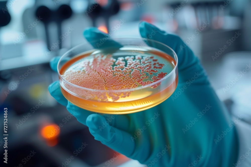 A scientist meticulously examines bacterial colonies on an agar plate ...